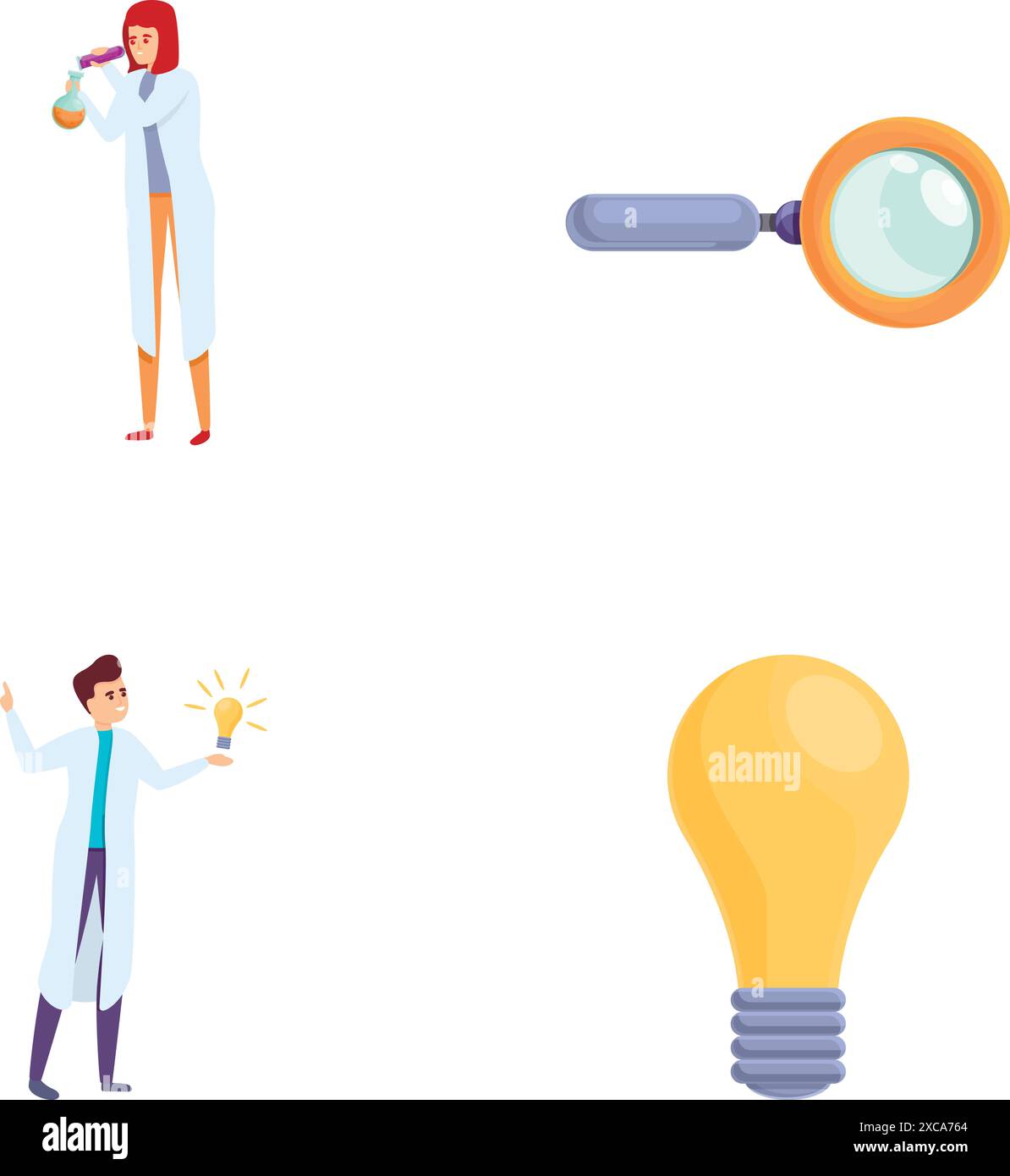 Scientific study icons set cartoon vector. Scientist making various ...