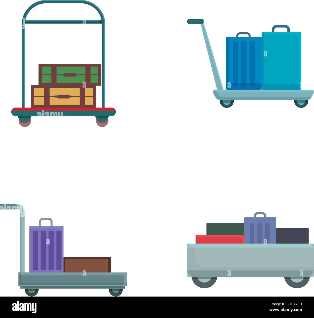 Luggage cart icons set cartoon vector. Various travel suitcase on cart ...