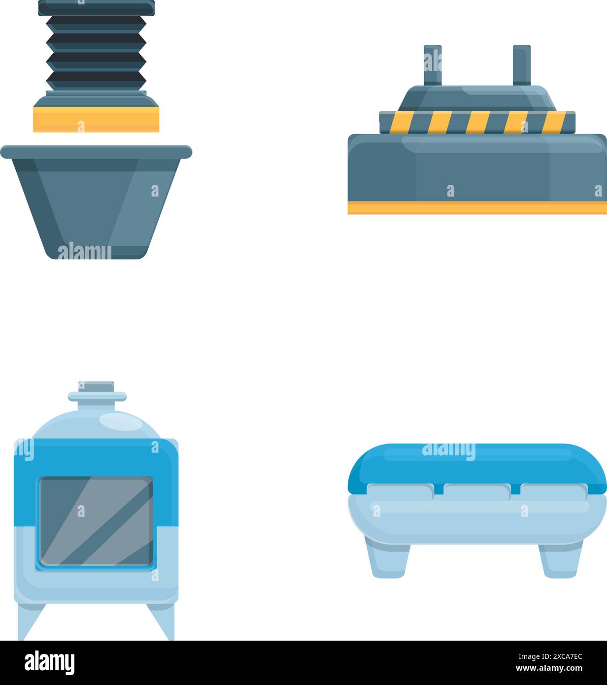 Press equipment icons set cartoon vector. Automatic press form machine ...