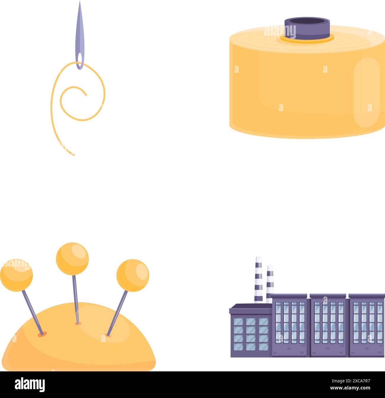 Textile factory icons set cartoon vector. Thread and fabric production ...