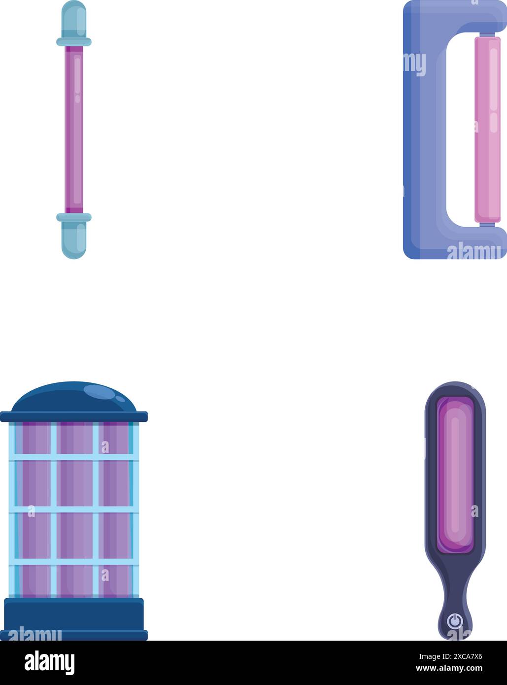 Various lamp icons set cartoon vector. Luminous lamp with ultraviolet ...