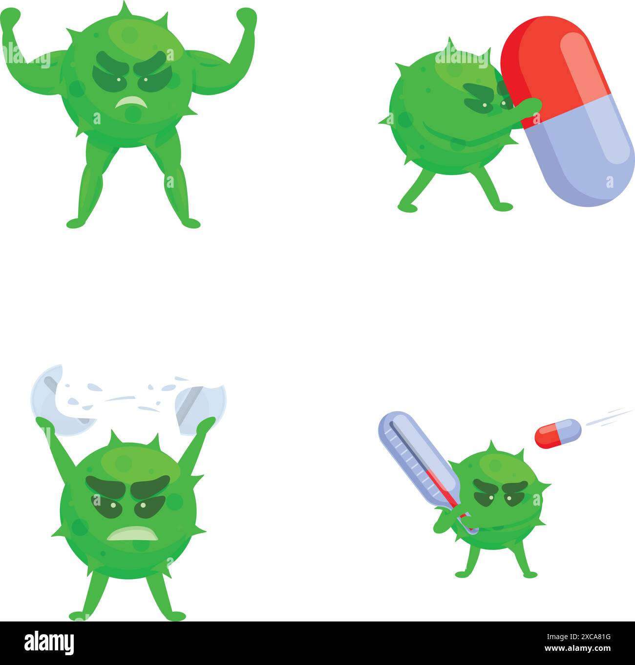 Medication resistance icons set cartoon vector. Wicked bacteria ...