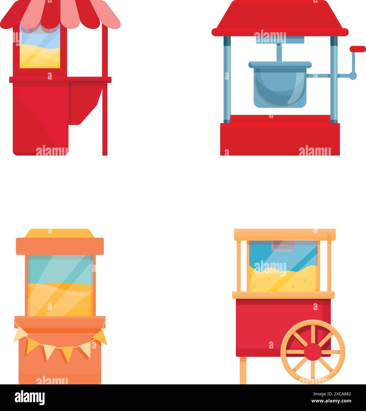 Popcorn maker icons set cartoon vector. Vintage kiosk in amusement park ...