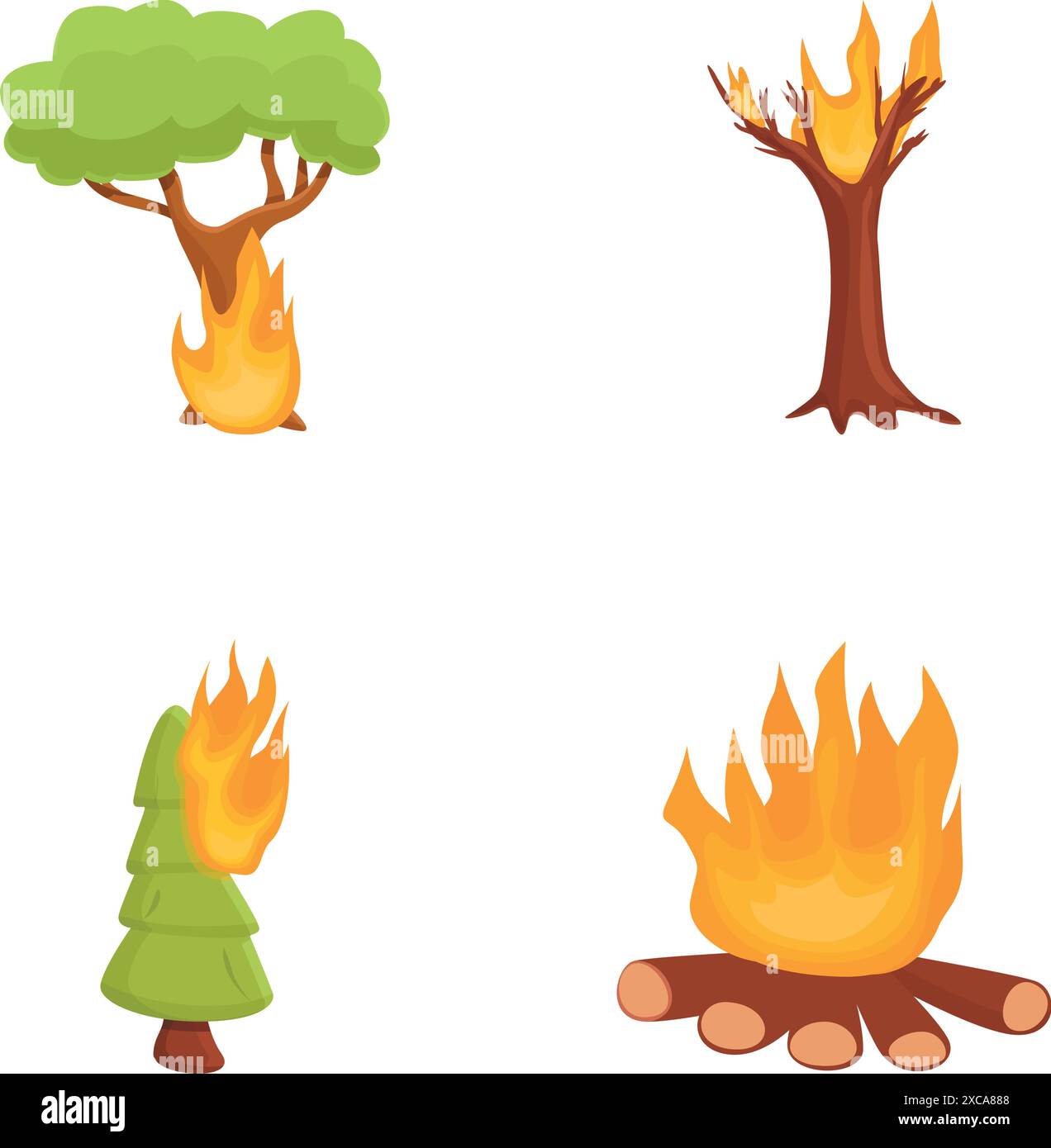 Forest fire icons set cartoon vector. Burning tree and bonfire. Fire ...