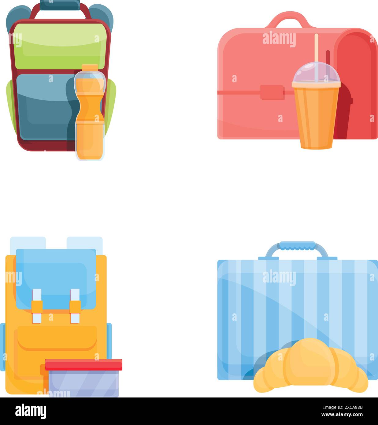 School food icons set cartoon vector. Container with homemade snack and ...