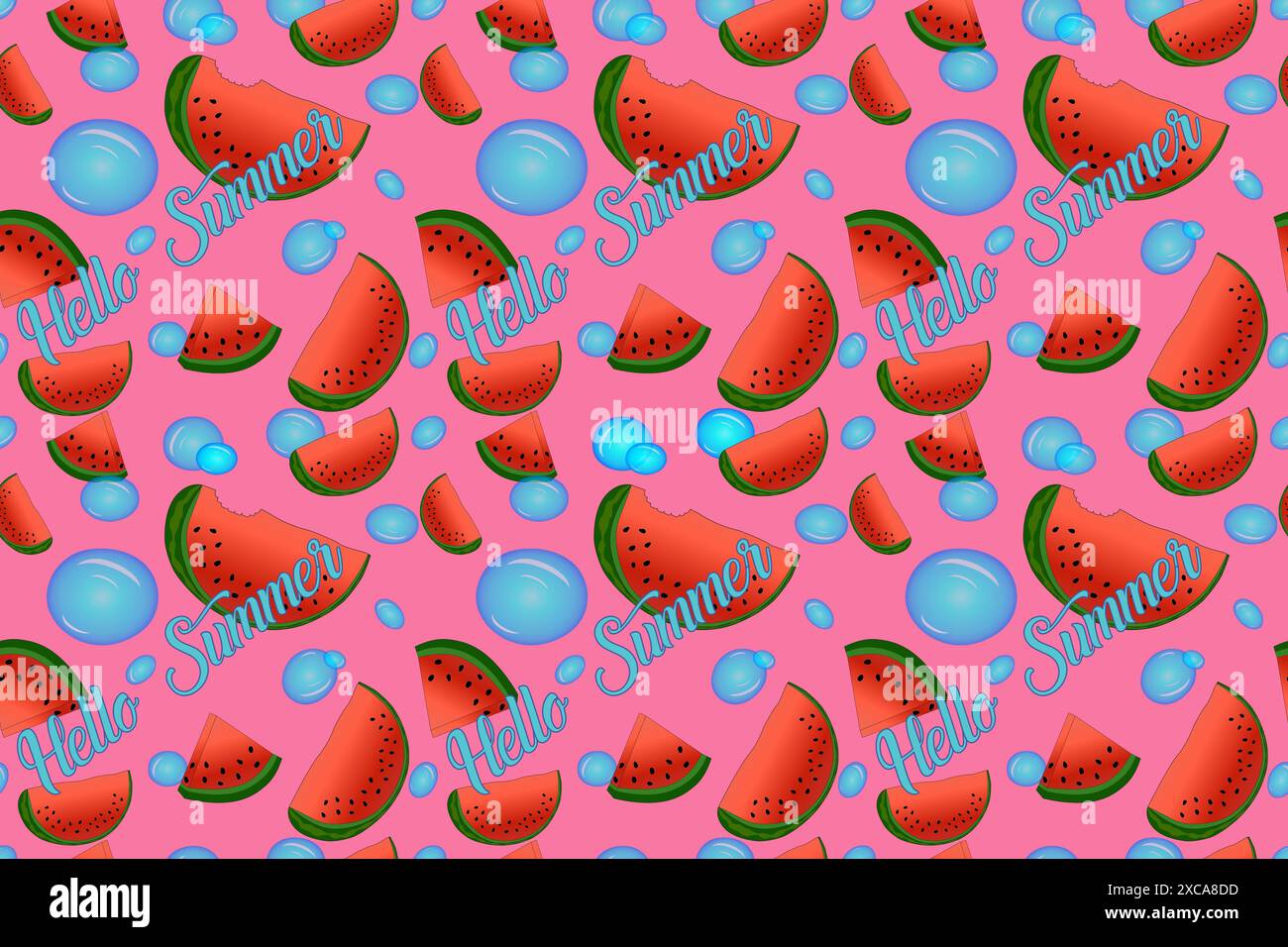 Bright and fun watermelon pattern with bubbles and Hello Summer text ...