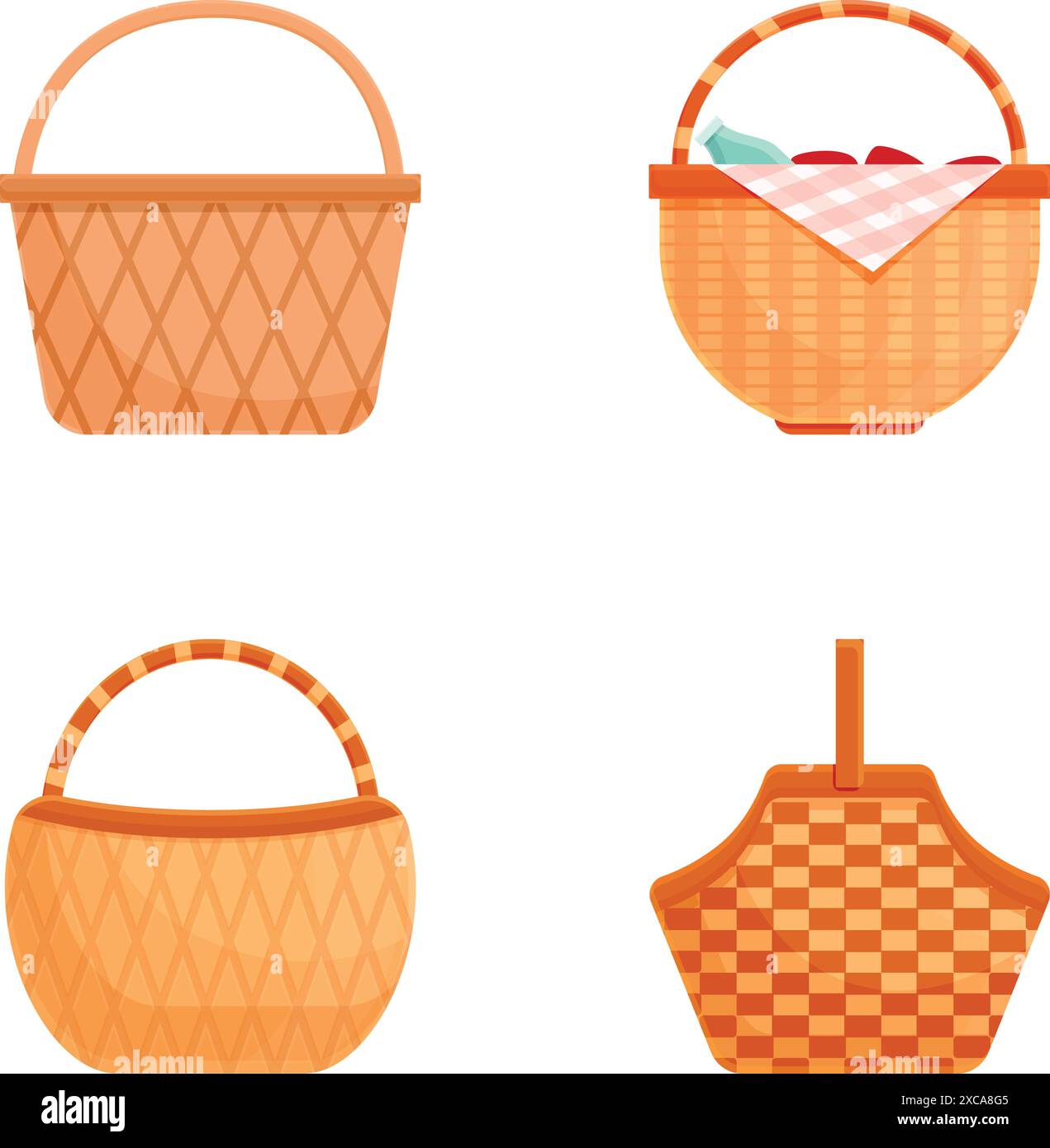 Wicker basket icons set cartoon vector. Picnic basket filled with food ...