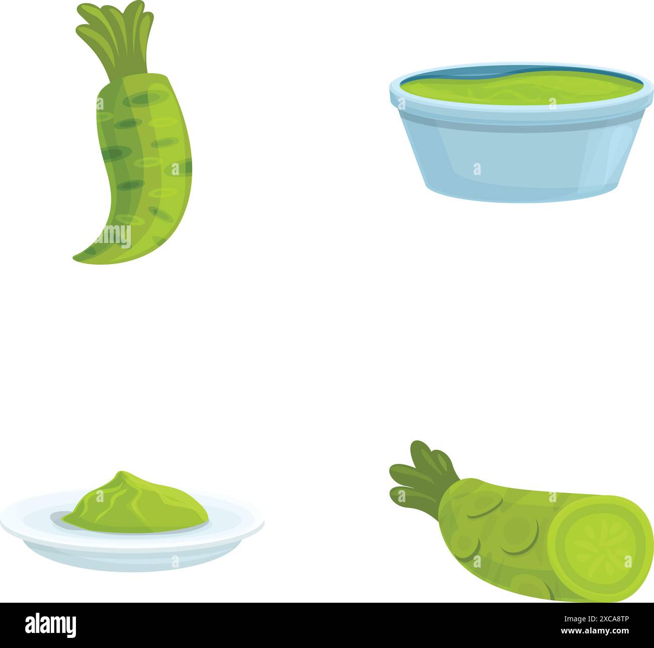 Wasabi dressing icons set cartoon vector. Wasabi root and bowl of sauce ...
