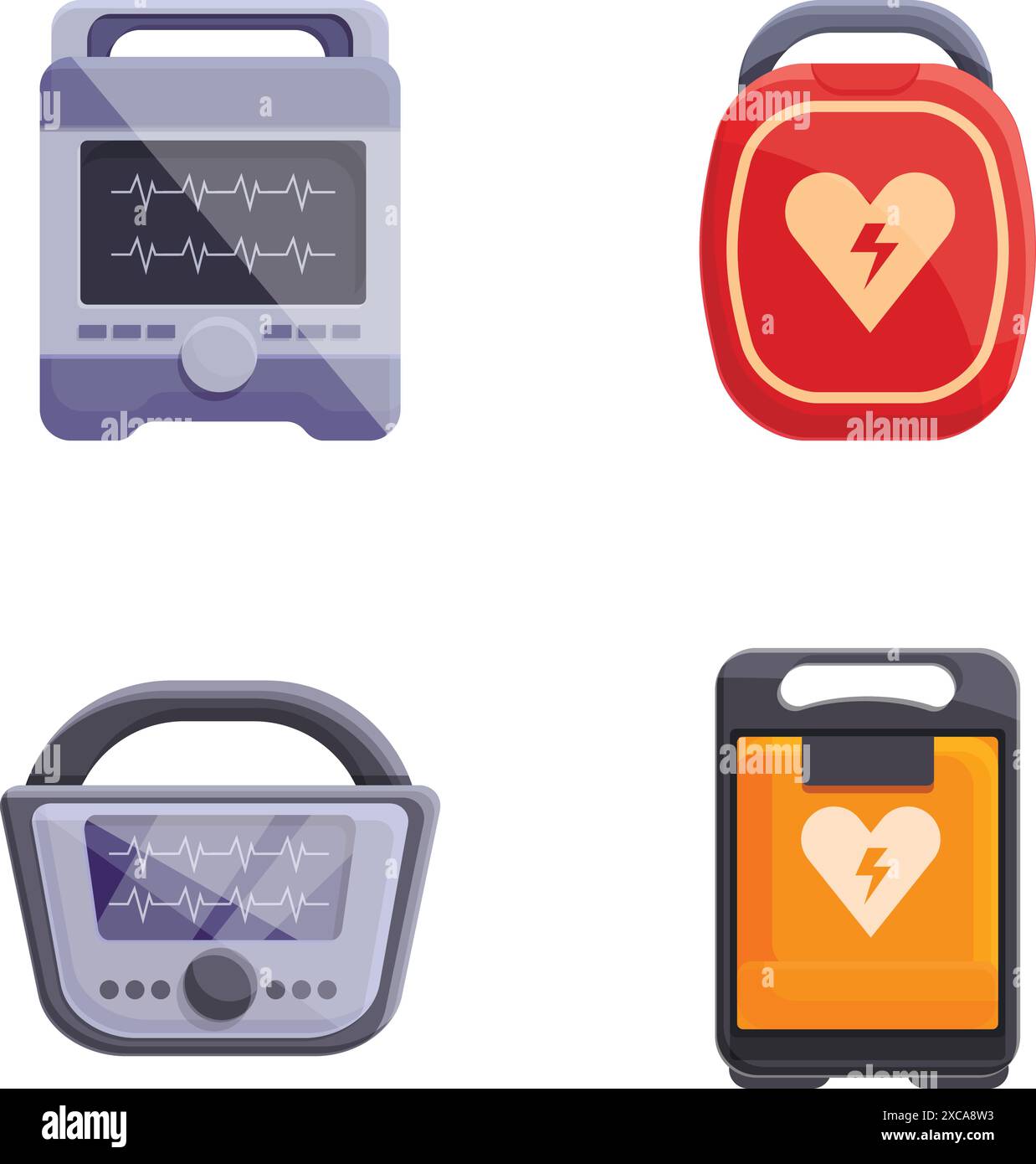 Defibrillator machine icons set cartoon vector. Automated external defibrillator. Cardiology ...