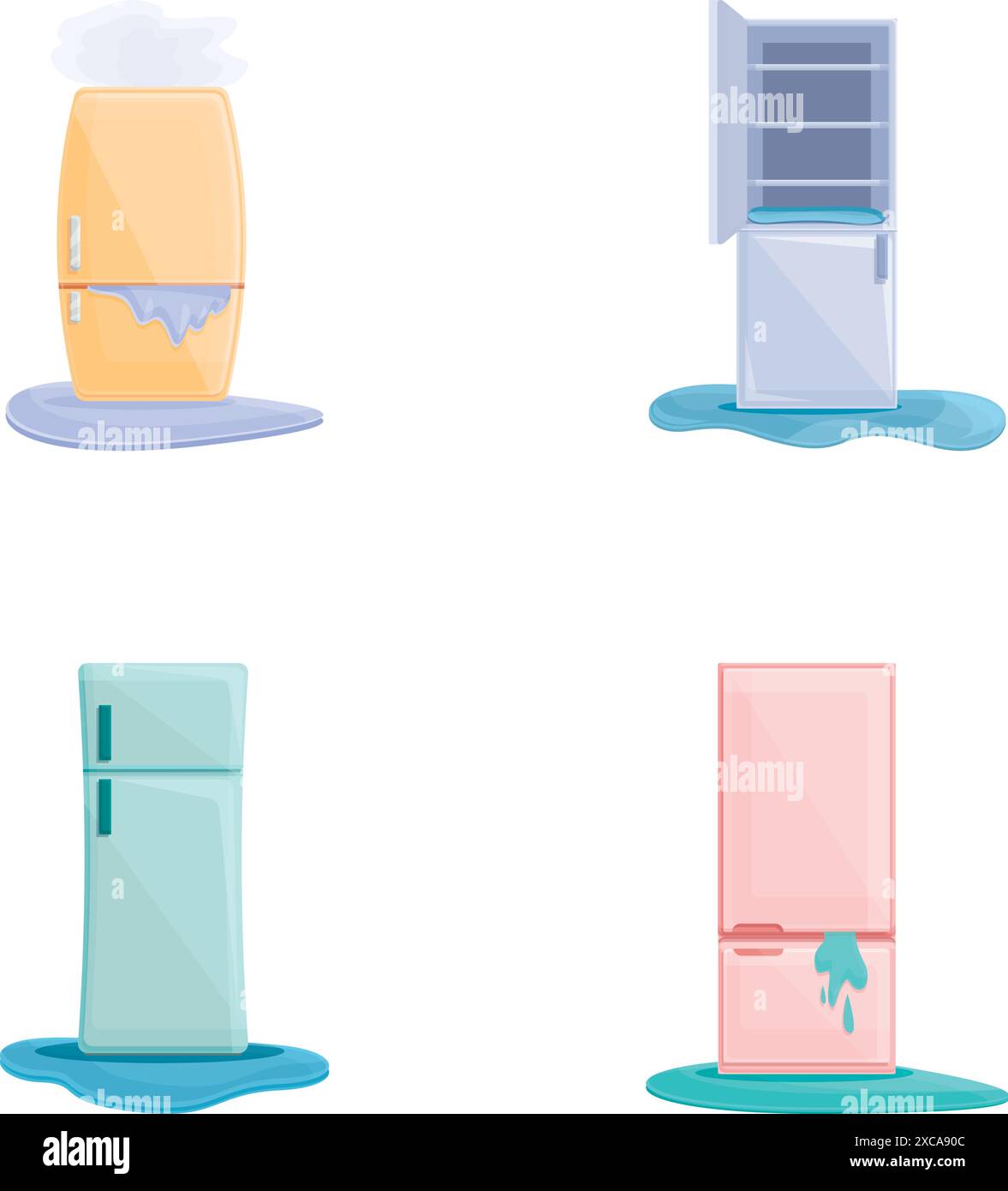 Damaged fridge icons set cartoon vector. Empty broken refrigerator. Home appliance, repair ...