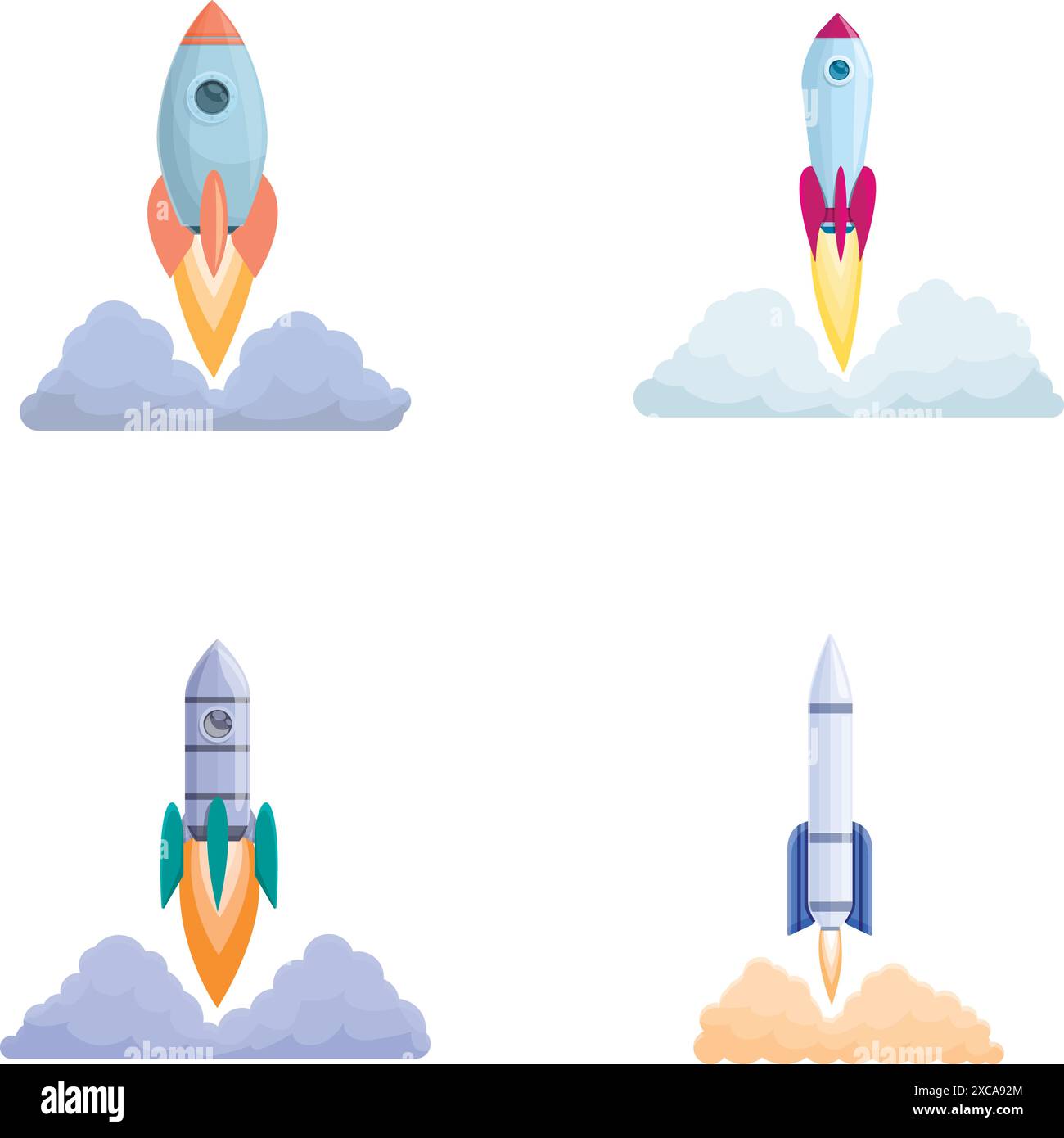 Rocket ship icons set cartoon vector. Rocket launch and fire flame ...