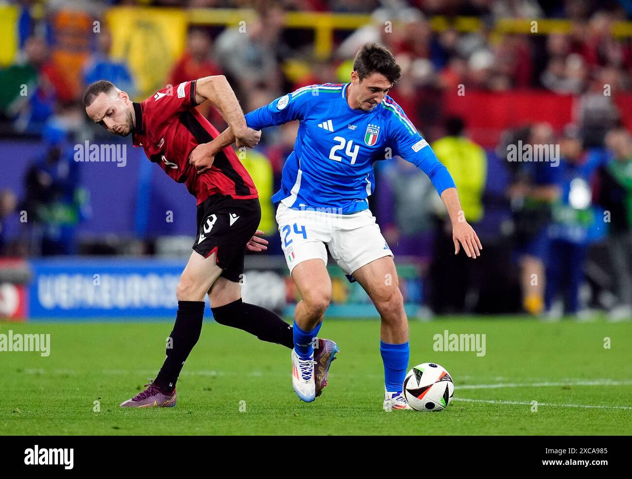 Italy's Andrea Cambiaso and Albania's Mario Mitaj (left) battle for the ...