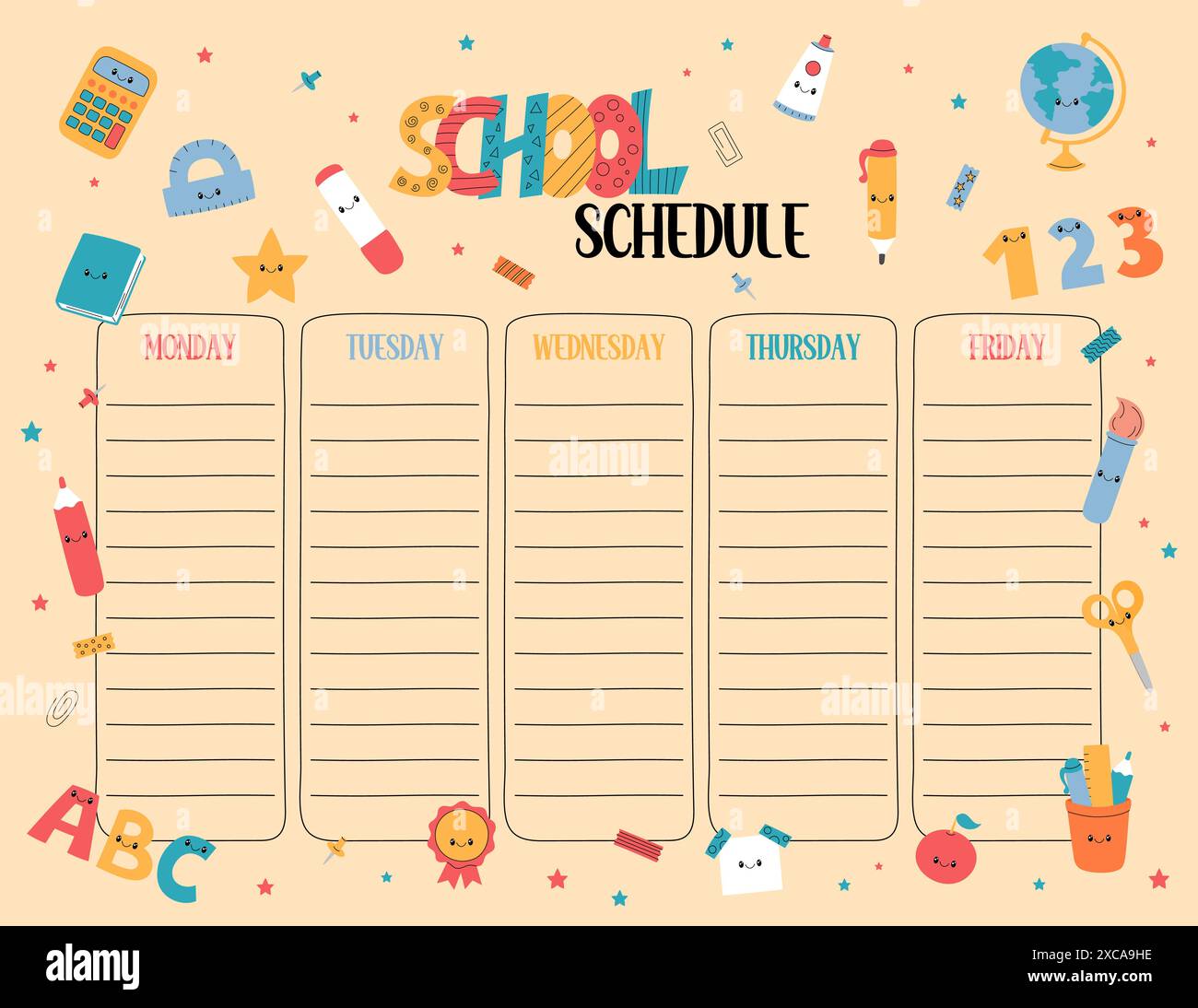 Colorful school schedule vector printable template. US Letter size ...