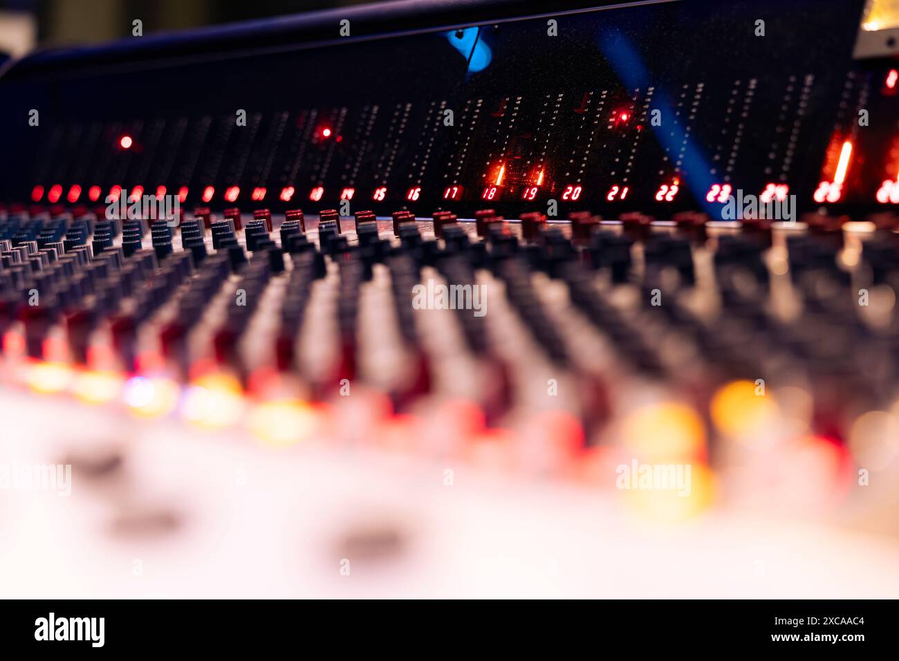 Pre amp knobs and buttons on mixing console panel board control desk ...