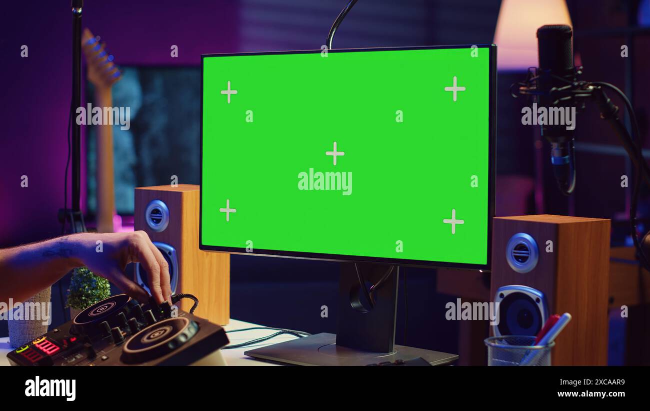 Music producer songwriter mixing piano key notes in home studio ...