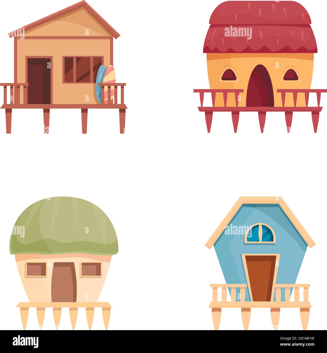 Various bungalow icons set cartoon vector. Bungalow or island resort ...