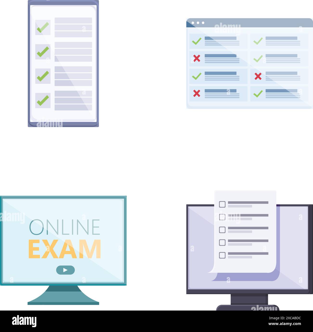 Online exam icons set cartoon vector. Taking exam or test on device ...