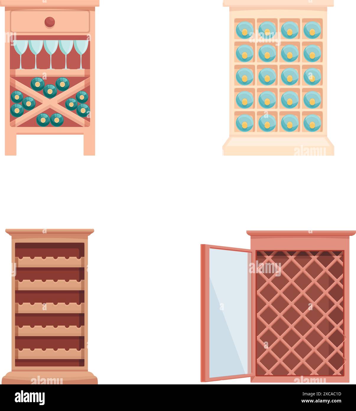 Winery rack icons set cartoon vector. Wine bottle inside wooden cabinet ...