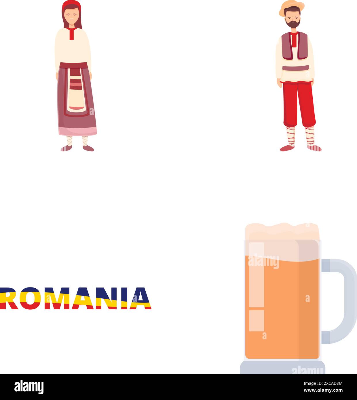 Romania icons set cartoon vector. Romanian people in national costume. Travel concept Stock ...