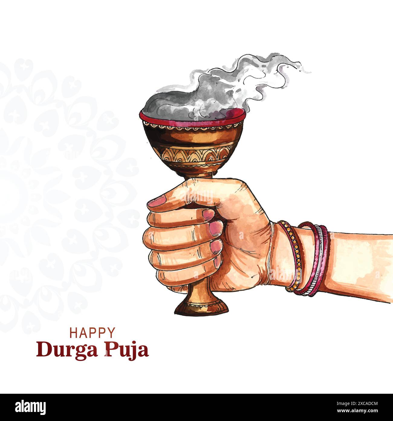 Hand holding durga puja clay dhunuchi with smoke indian puja festival ...