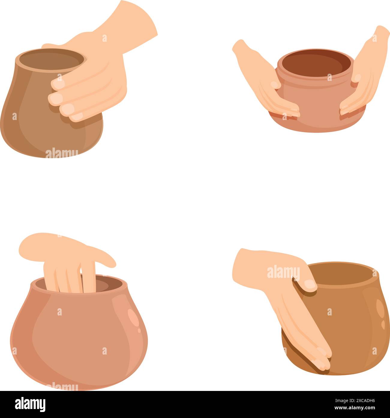 Pottery manufacturing icons set cartoon vector. Creating clay vase on wheel. Pottery master ...