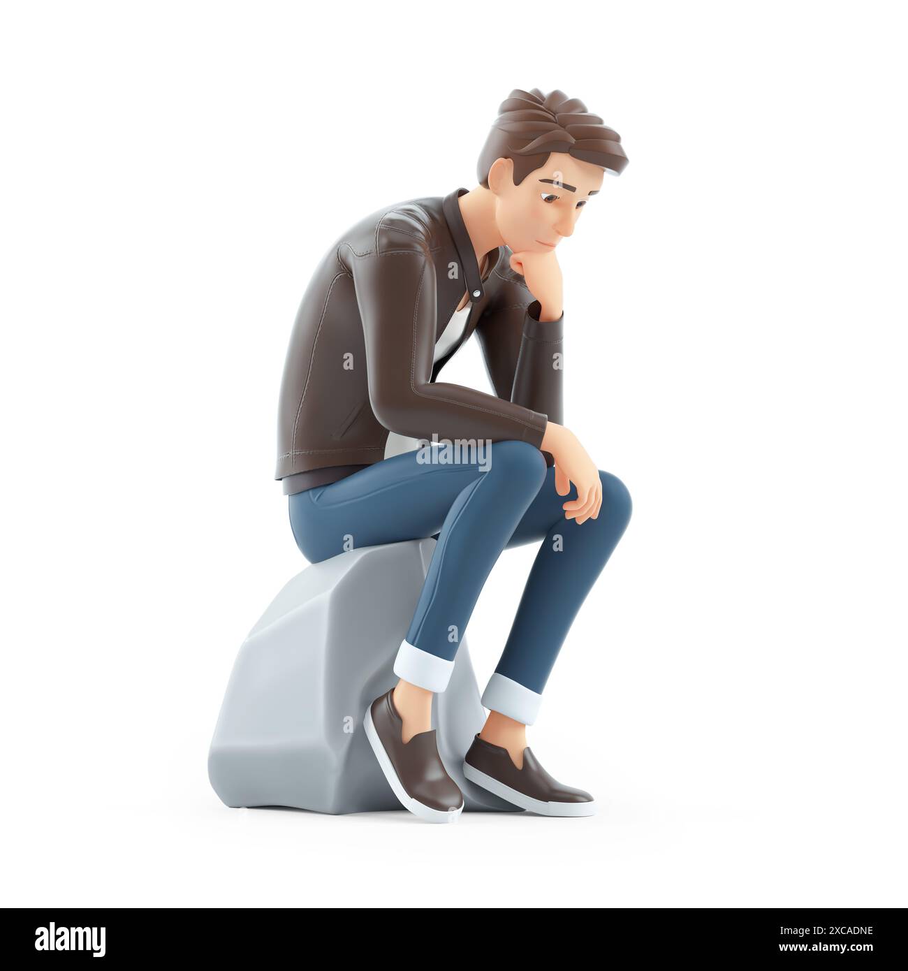 3d cartoon man sitting on rock and thinking, illustration isolated on ...