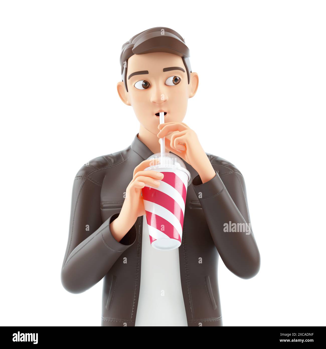 3d cartoon man drinking soda through a straw, illustration isolated on ...