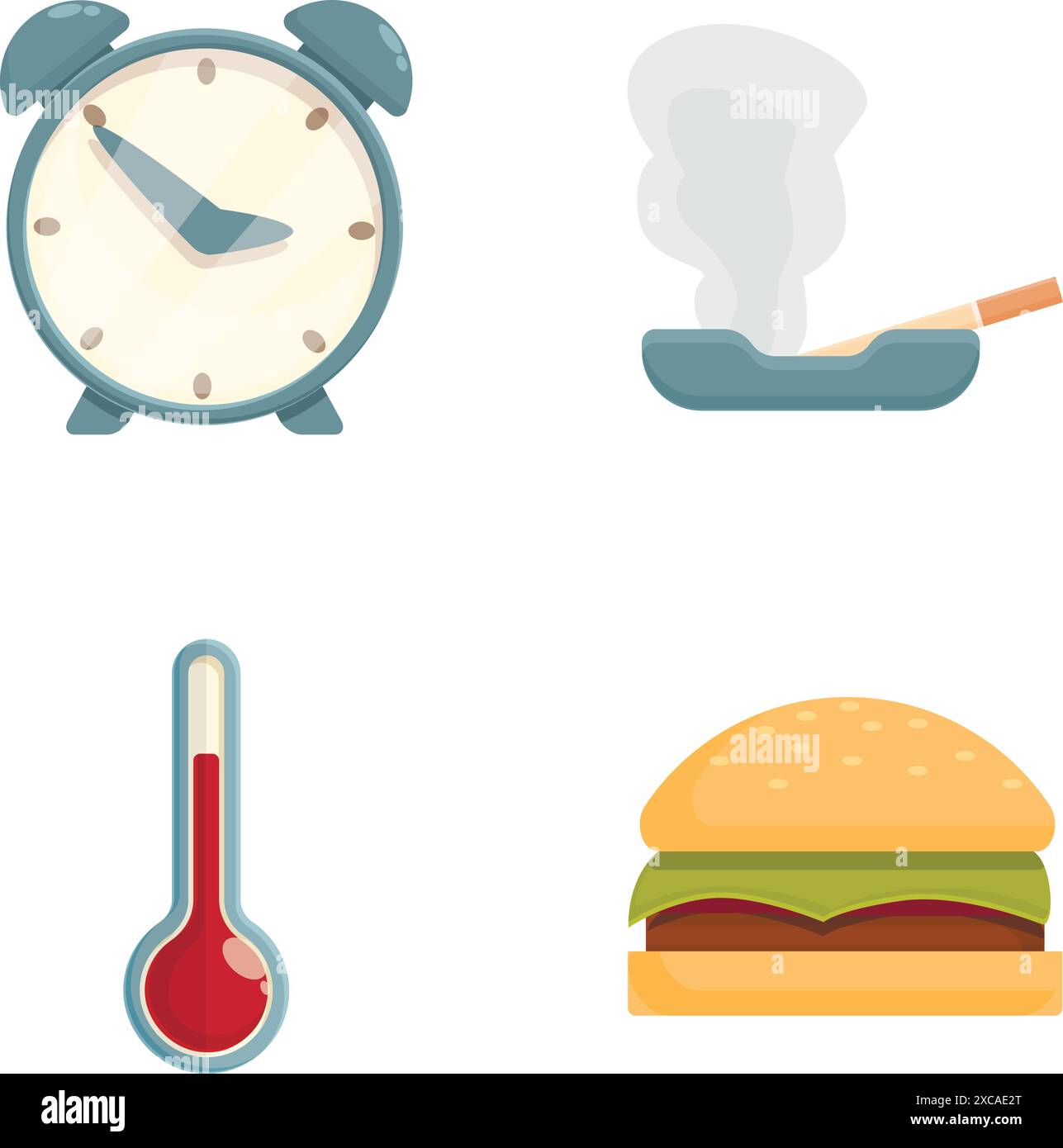 Insomnia cause icons set cartoon vector. Junk food, smoking and high ...