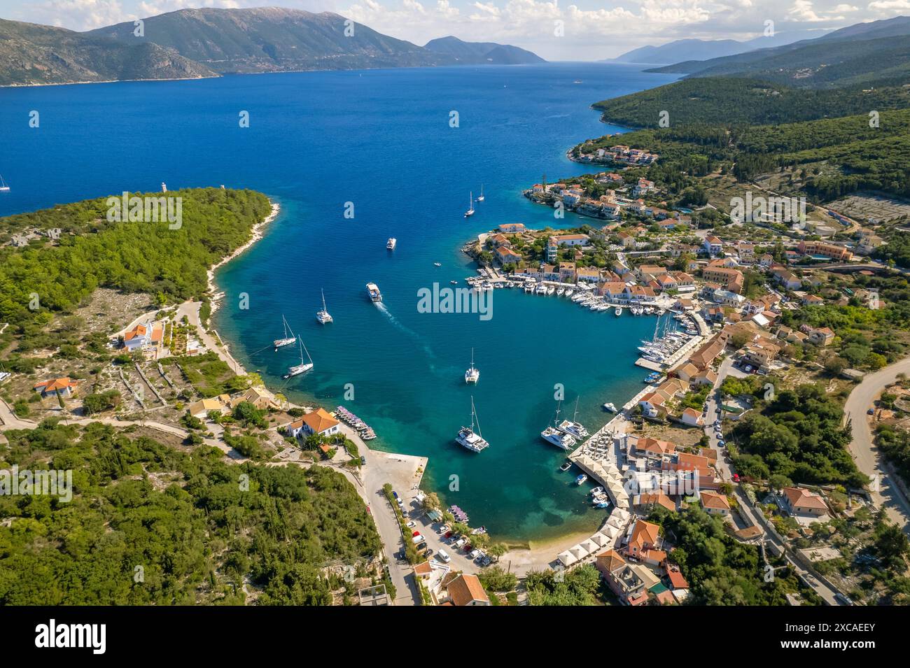 Aerial view of the picturesque Fiskardo village and port Kefalonia ...
