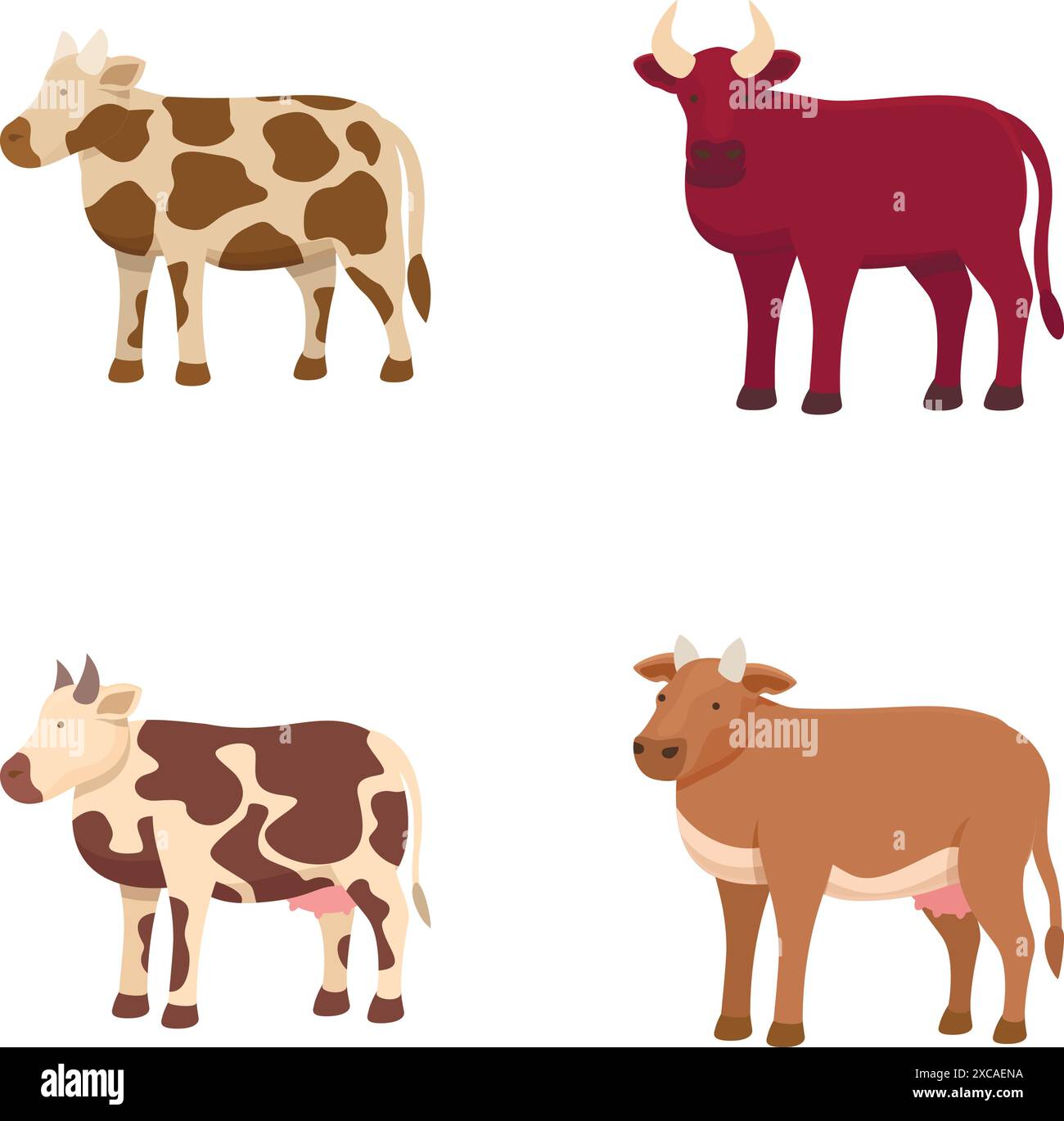 Collection of four different cartoon cows in standing poses isolated on ...