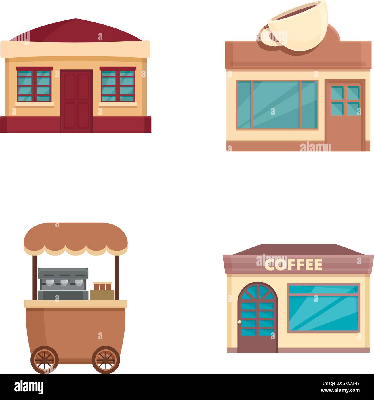 Set of four cartoonstyle coffee shop buildings and carts, isolated on a ...