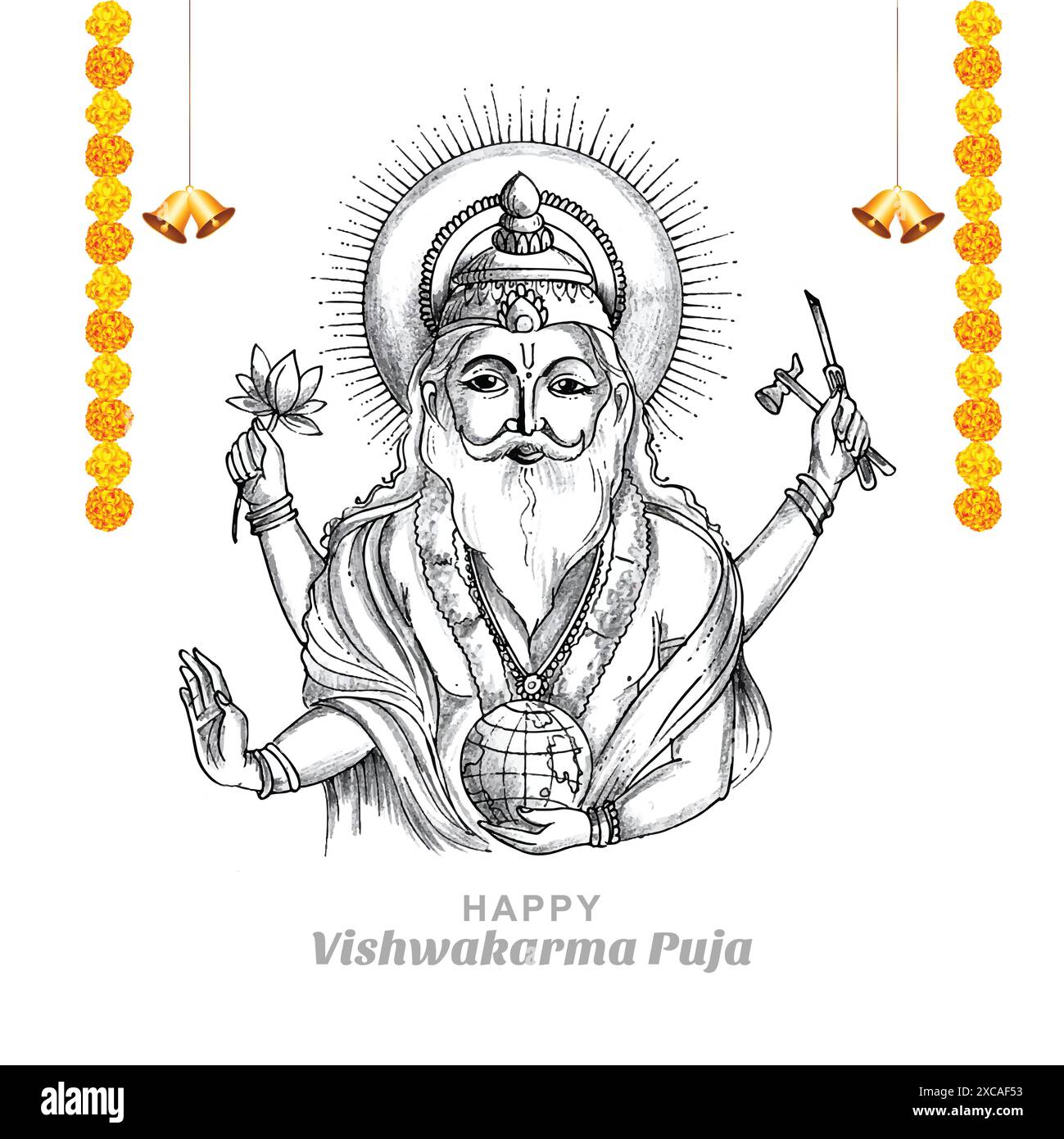 Hand draw hindu god vishwakarma sketch and vishwakarma puja holiday ...