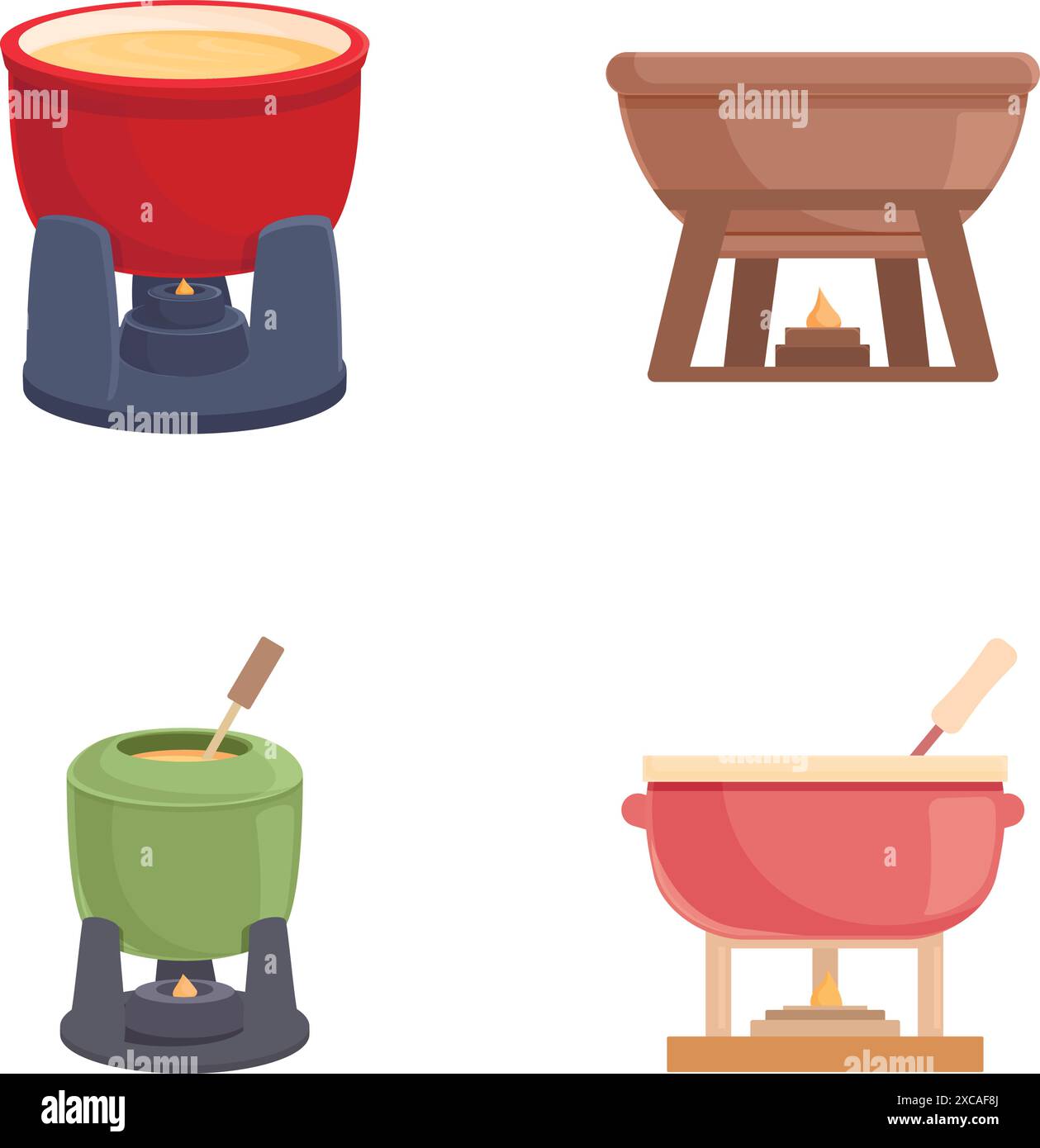 Collection of four colorful fondue pots with different designs ...