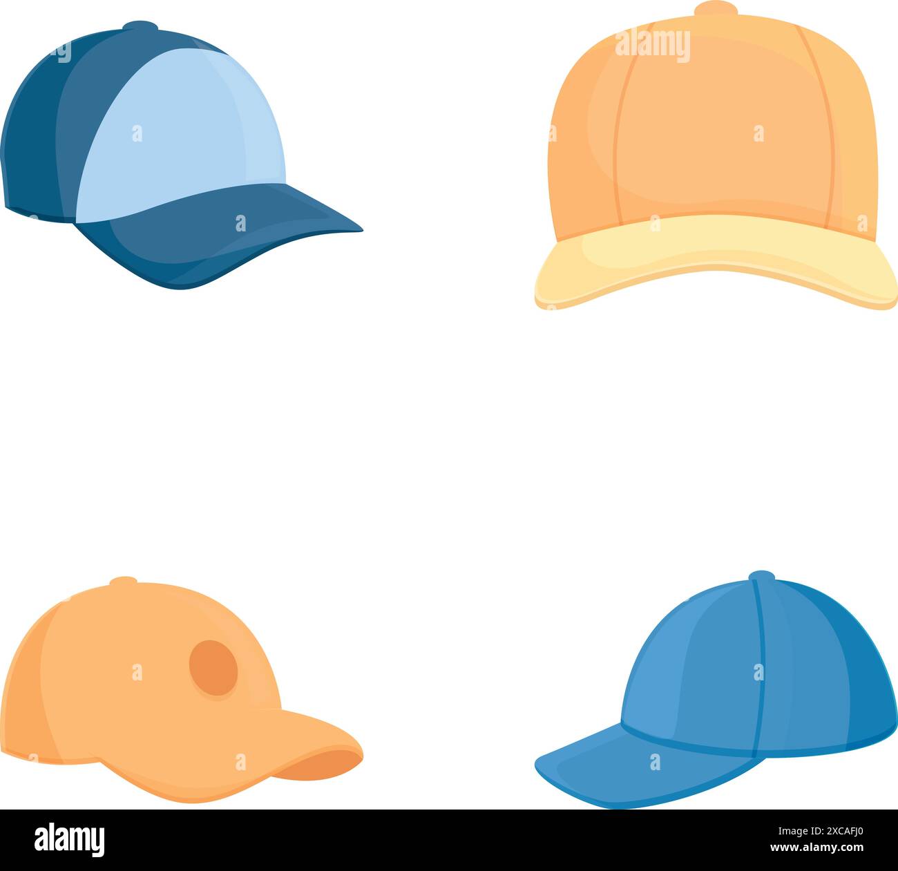 Collection of four baseball hats in different colors and angles, vector ...