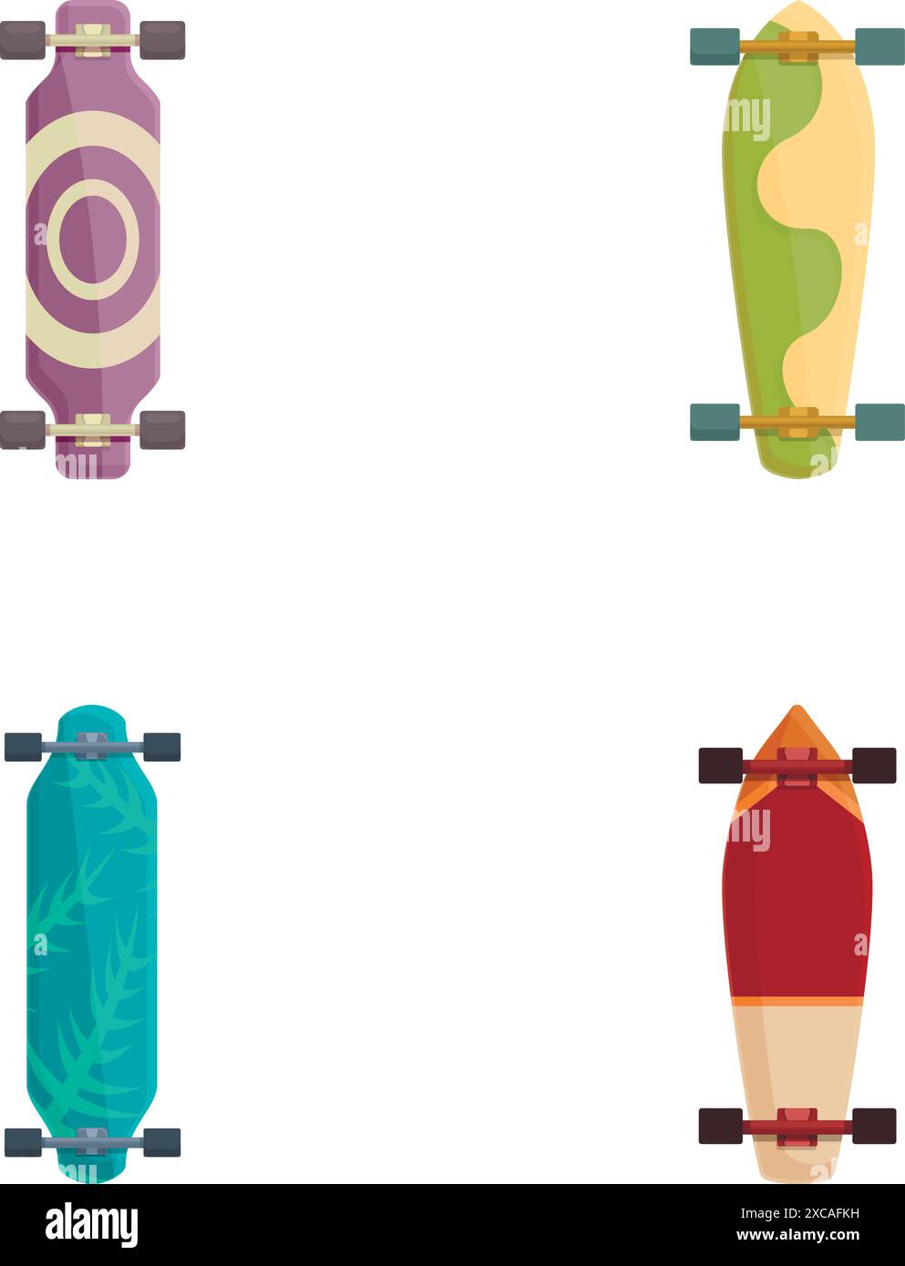 Set of four stylish longboard skateboards with unique design patterns ...