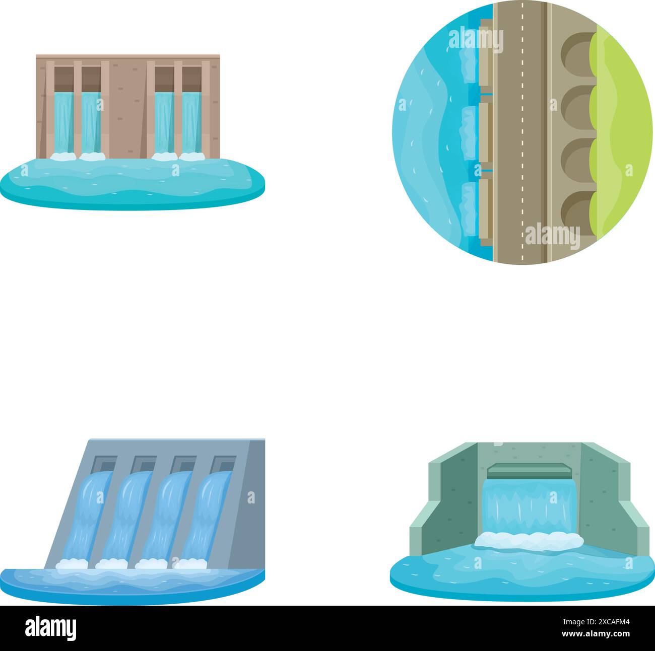 Collection of four illustrated hydroelectric dams and power stations ...