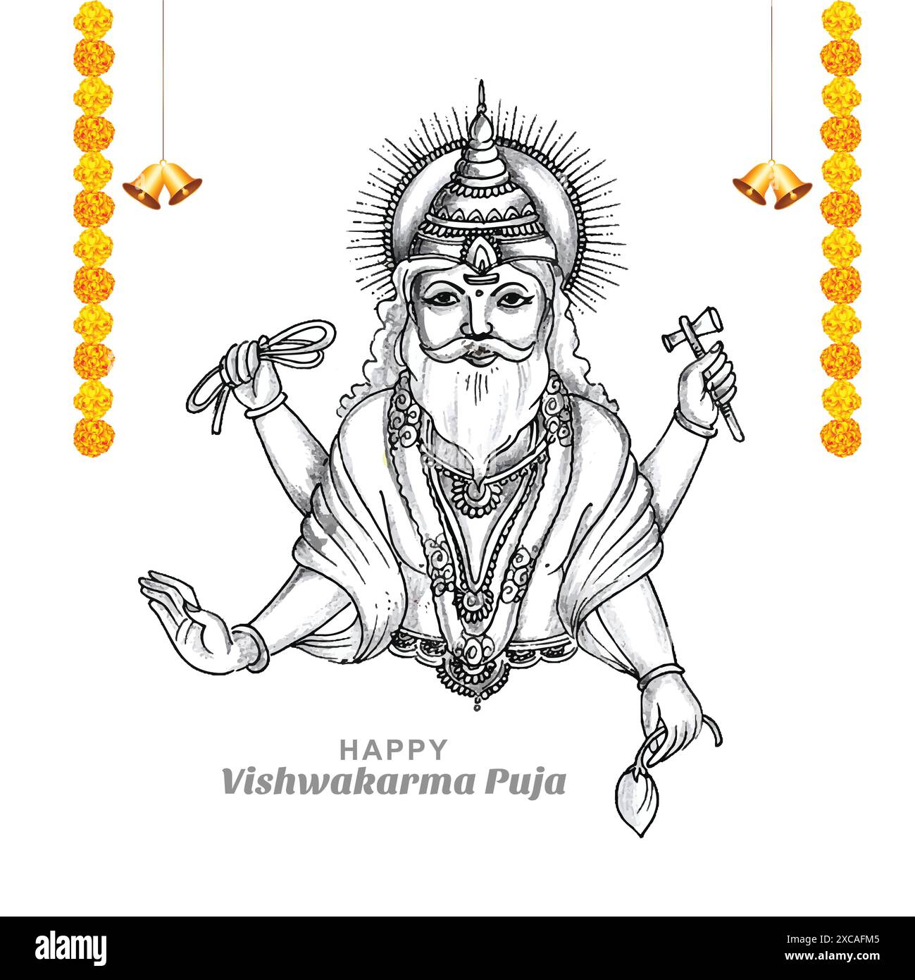 Hand draw hindu god vishwakarma sketch and vishwakarma puja holiday ...