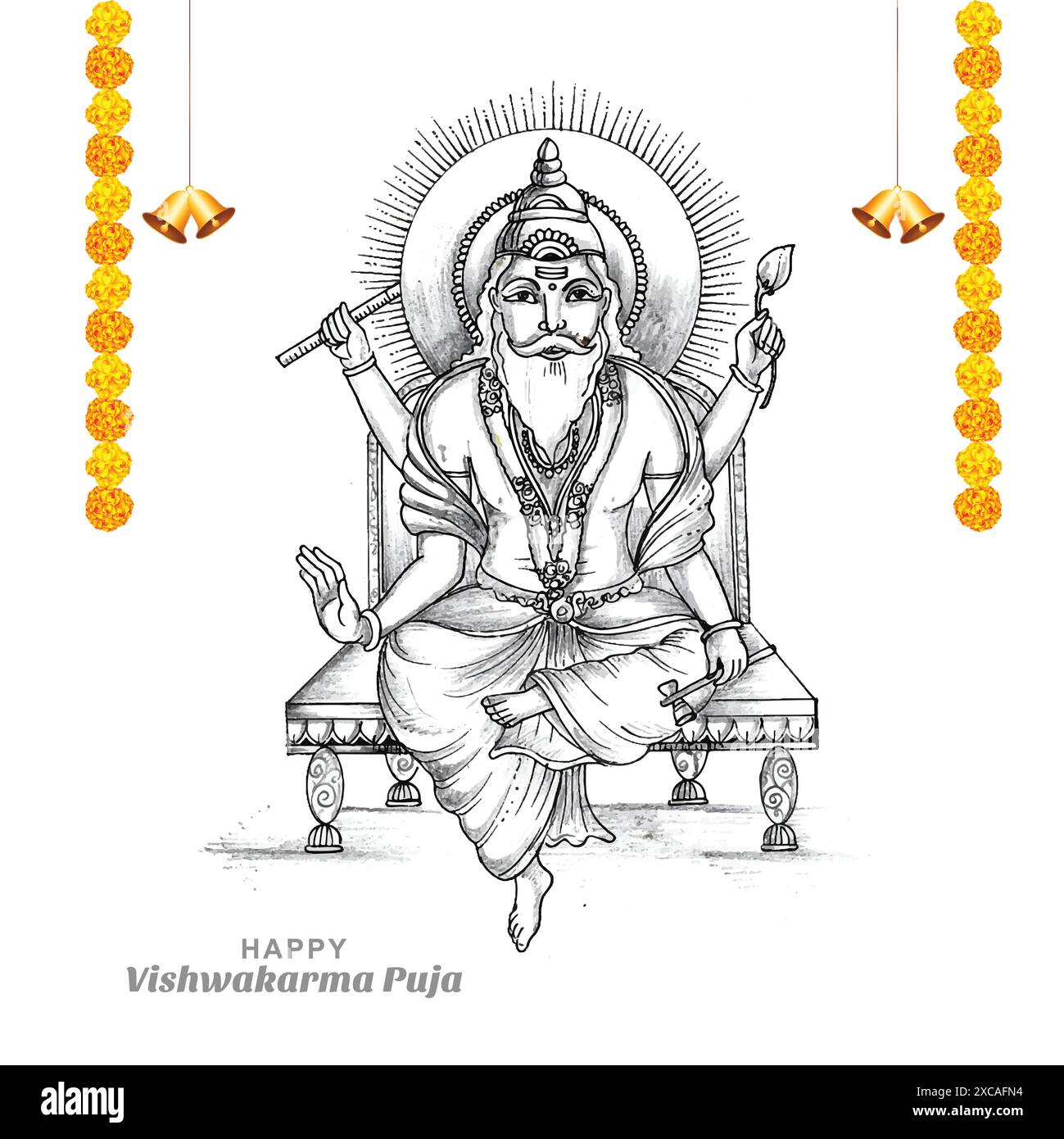 Hand draw hindu god vishwakarma sketch and vishwakarma puja celebration ...
