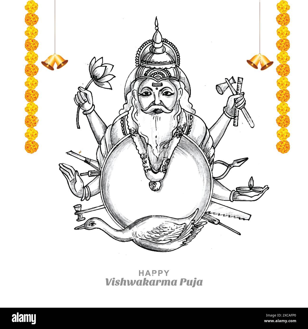 Hand draw hindu god vishwakarma sketch and vishwakarma puja celebration ...