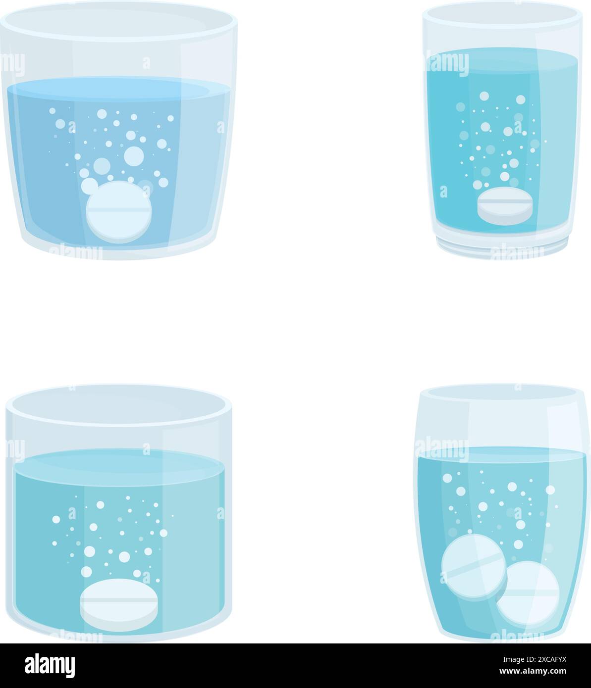 Vector set depicting a tablet dissolving in water glasses, showing ...