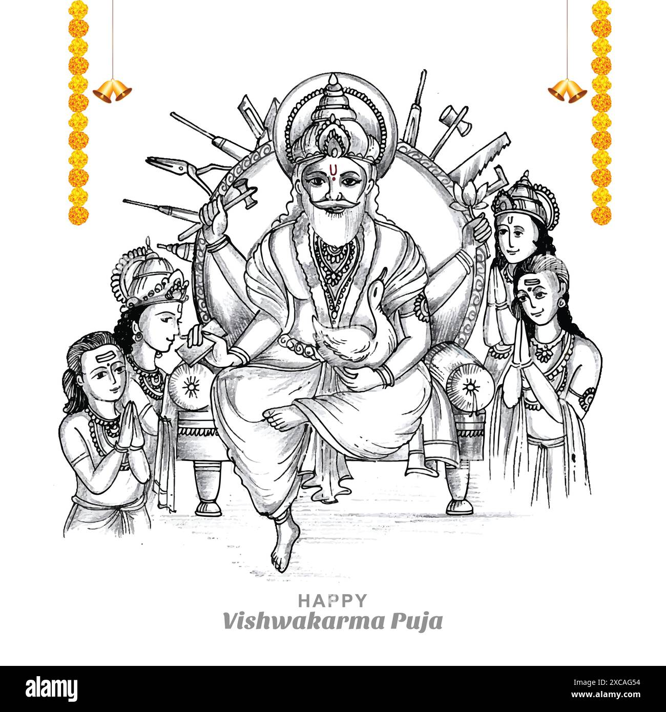 Hand draw hindu god vishwakarma sketch and vishwakarma puja celebration ...