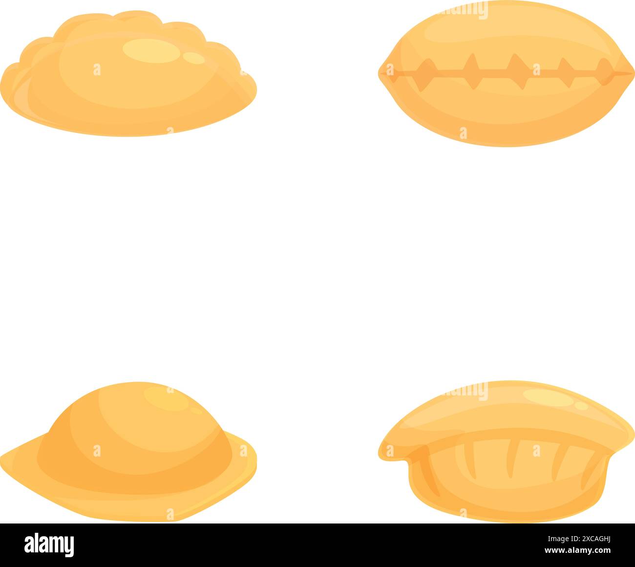 Assorted colorful cartoon pies set with illustrations of various sweet, fruit, meat, and pumpkin ...