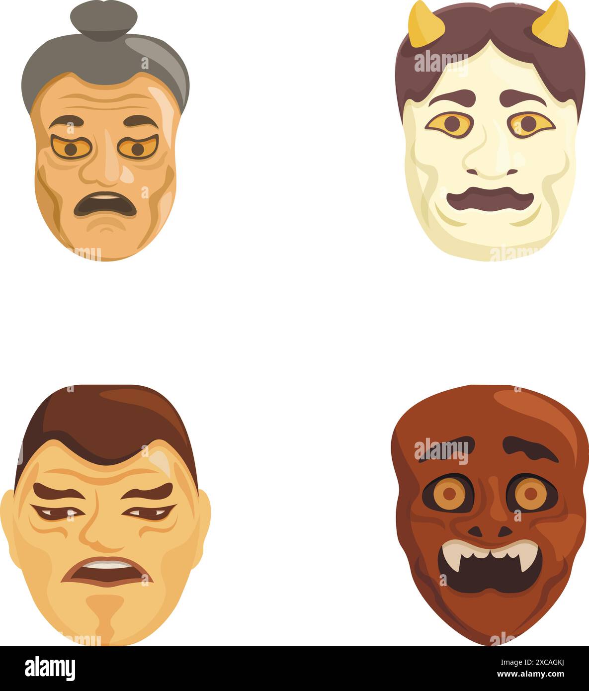 Collection of four stylized japanese noh masks representing different ...