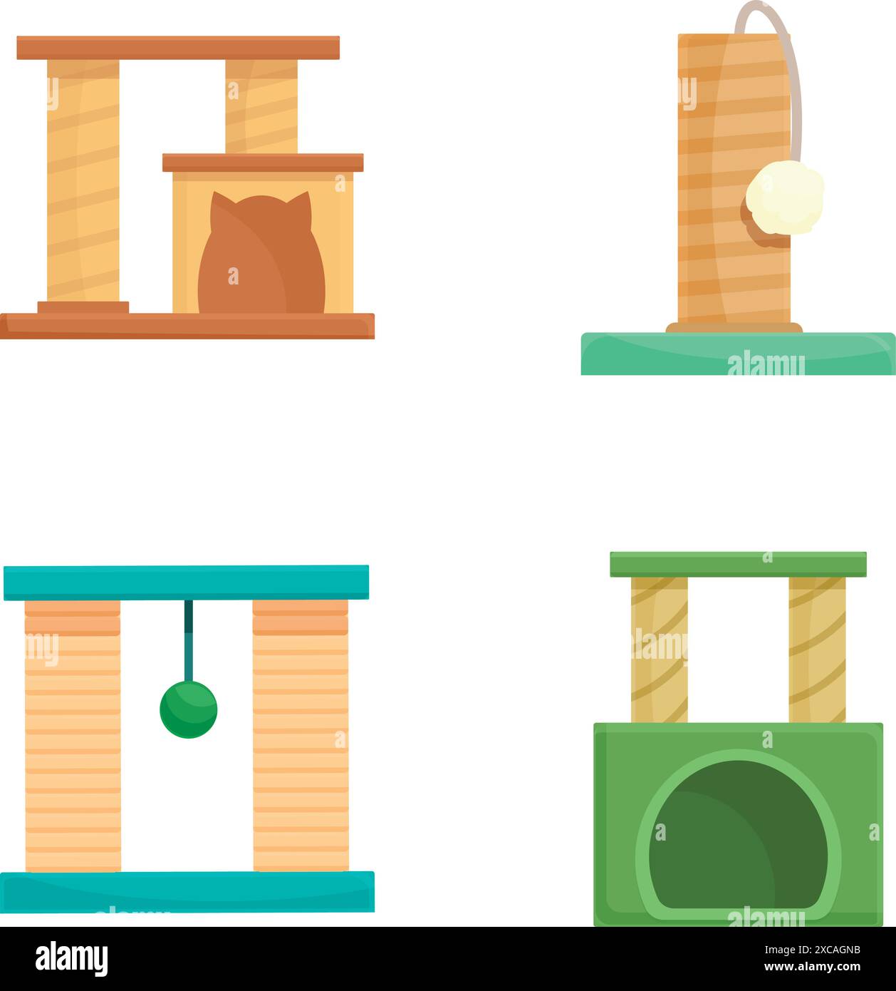 Collection of four colorful and different styled cat scratching posts ...