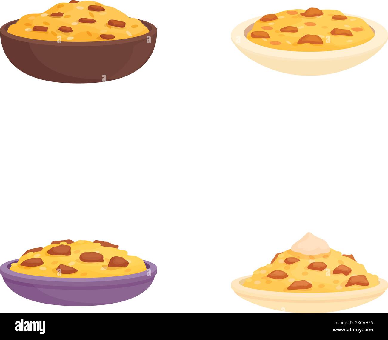 Set of four colorful vector illustrations depicting various bowls of ...