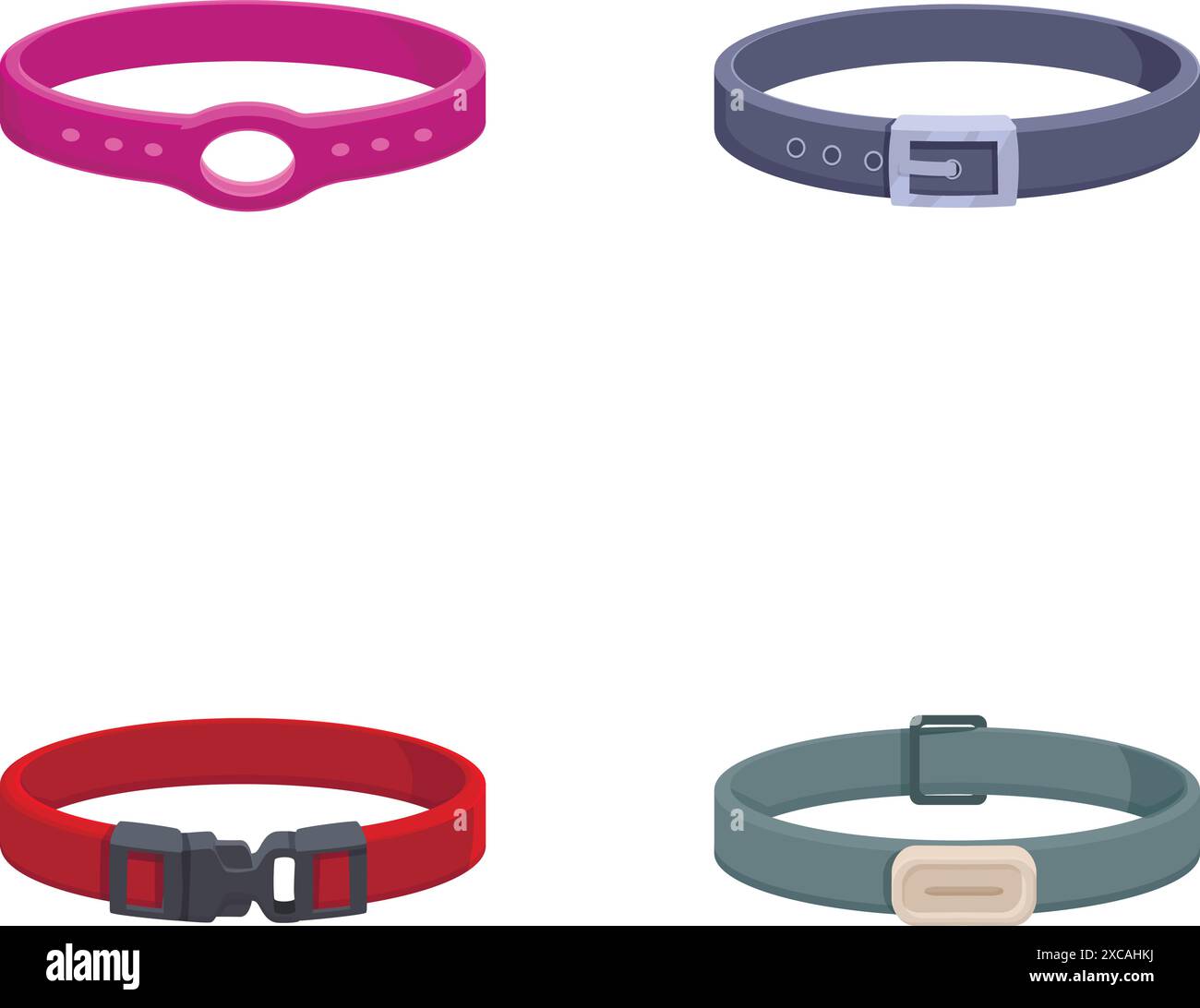 Illustration displaying four different styles and colors of dog collars ...