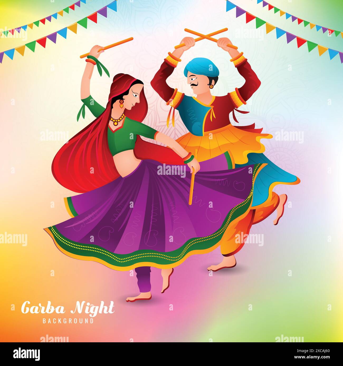 Illustration of couple playing dandiya in disco garba night celebration background Stock Vector ...