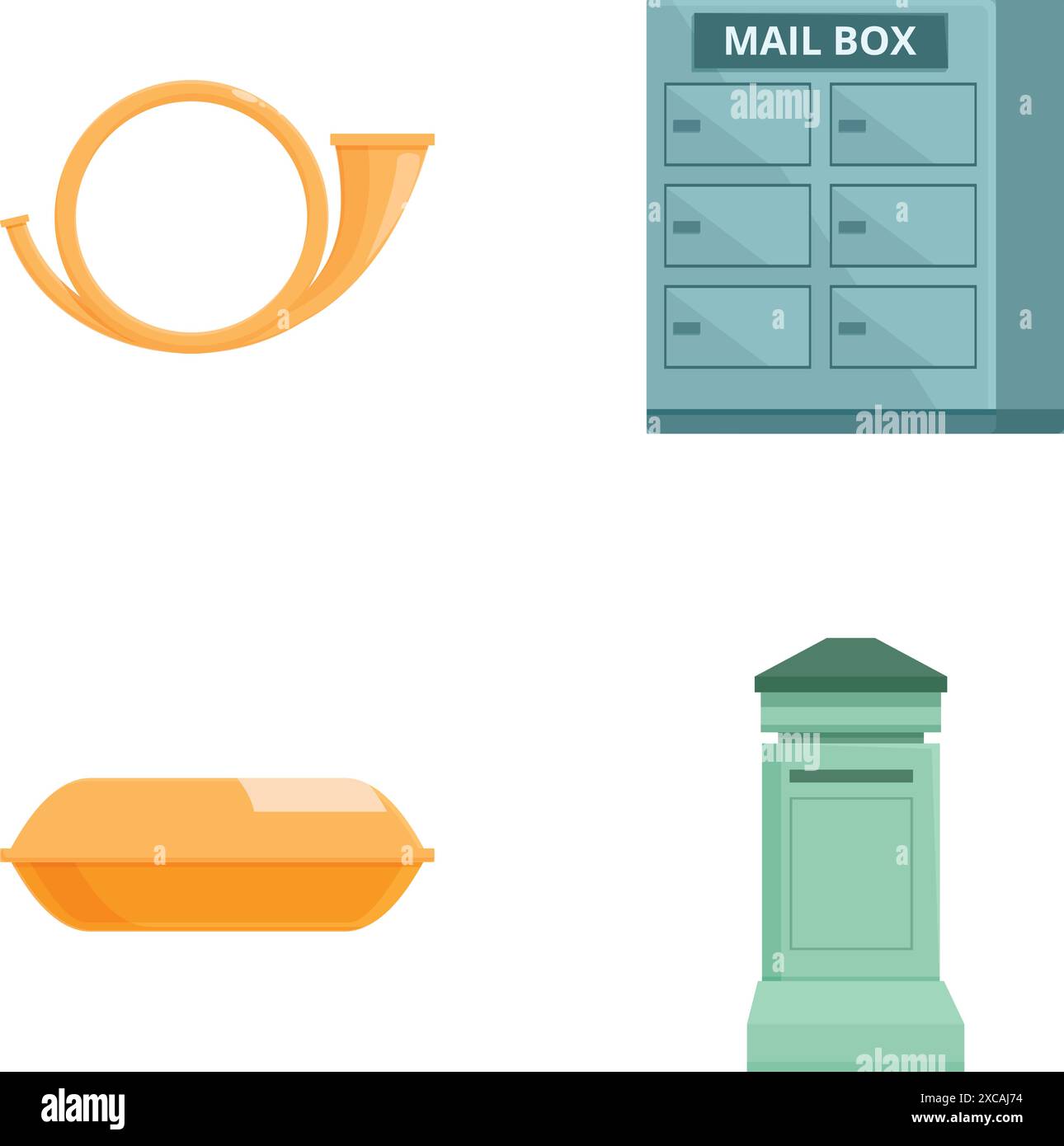 Collection of four flat design postal icons including a horn, mailbox ...