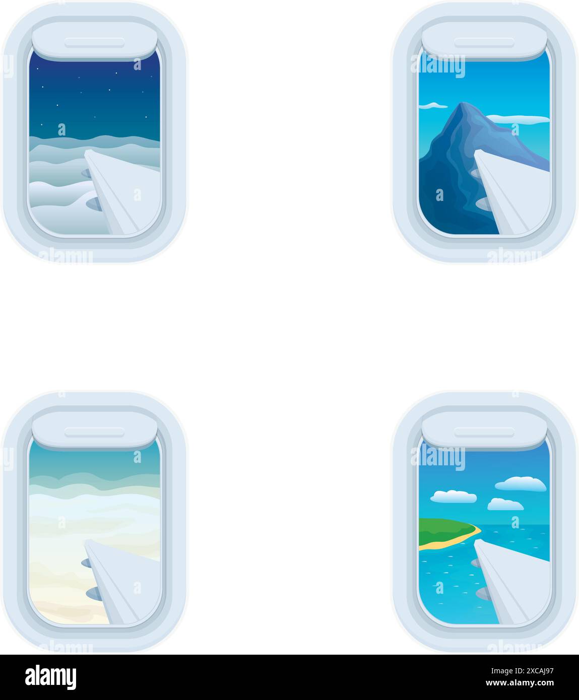 Vector illustrations of airplane window views showing winter, spring, summer, and autumn ...