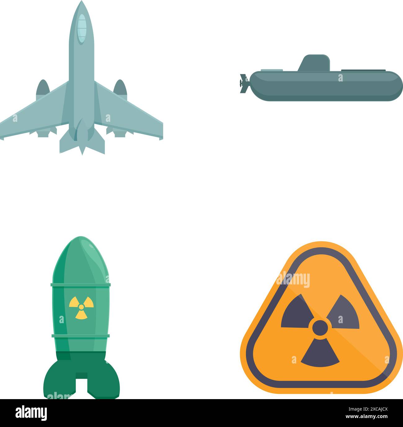Collection of four flat icons representing military aircraft, submarine ...